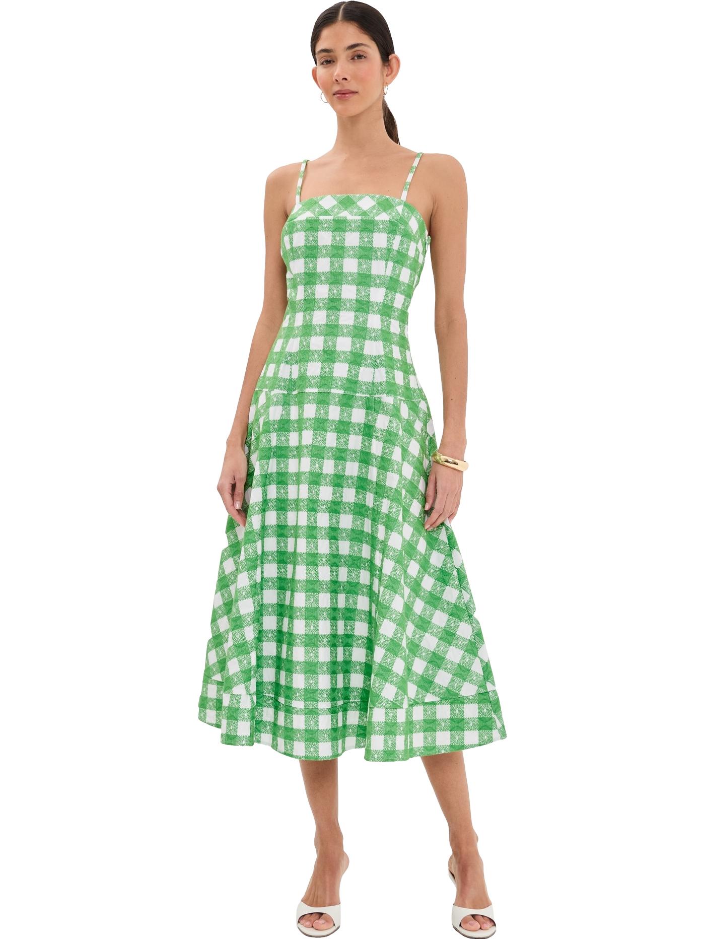 ROSIE ASSOULIN Rosie Assoulin Gingham Check Square Neck Sleeveless Midi Dress